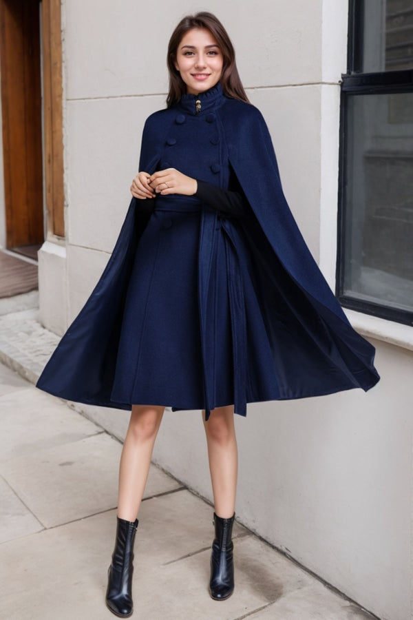 Blue Wool cape coat with stand collar 2487 – XiaoLizi