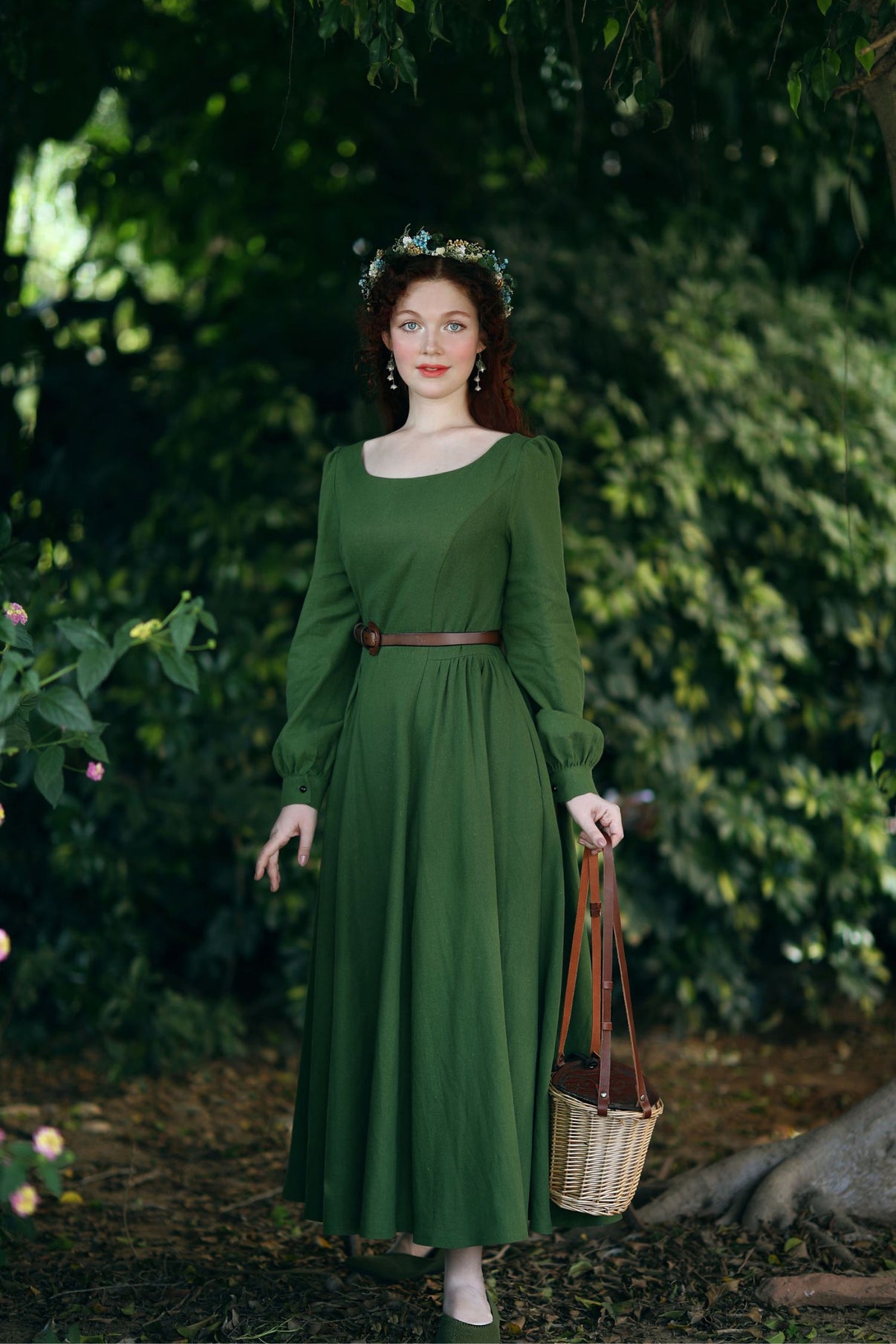Long sleeve Cottagecore green linen dress 2721 – XiaoLizi