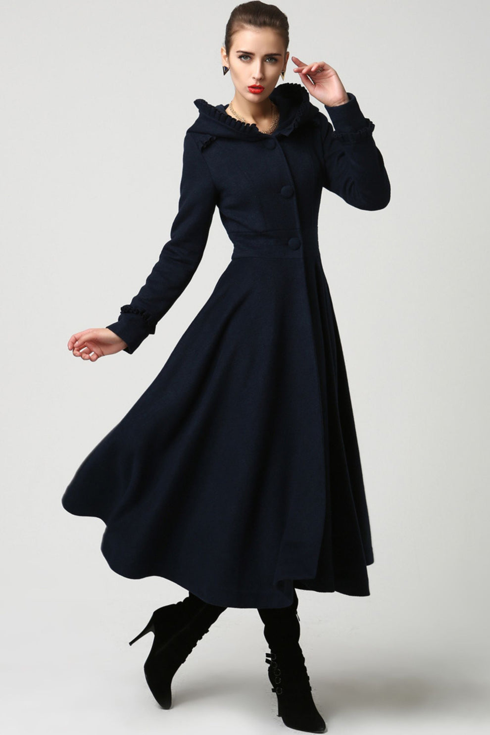 Navy Hooded Wool Maxi Coat – Ruffle Trim Fit & Flare Winter Coat – Xiaolizi
