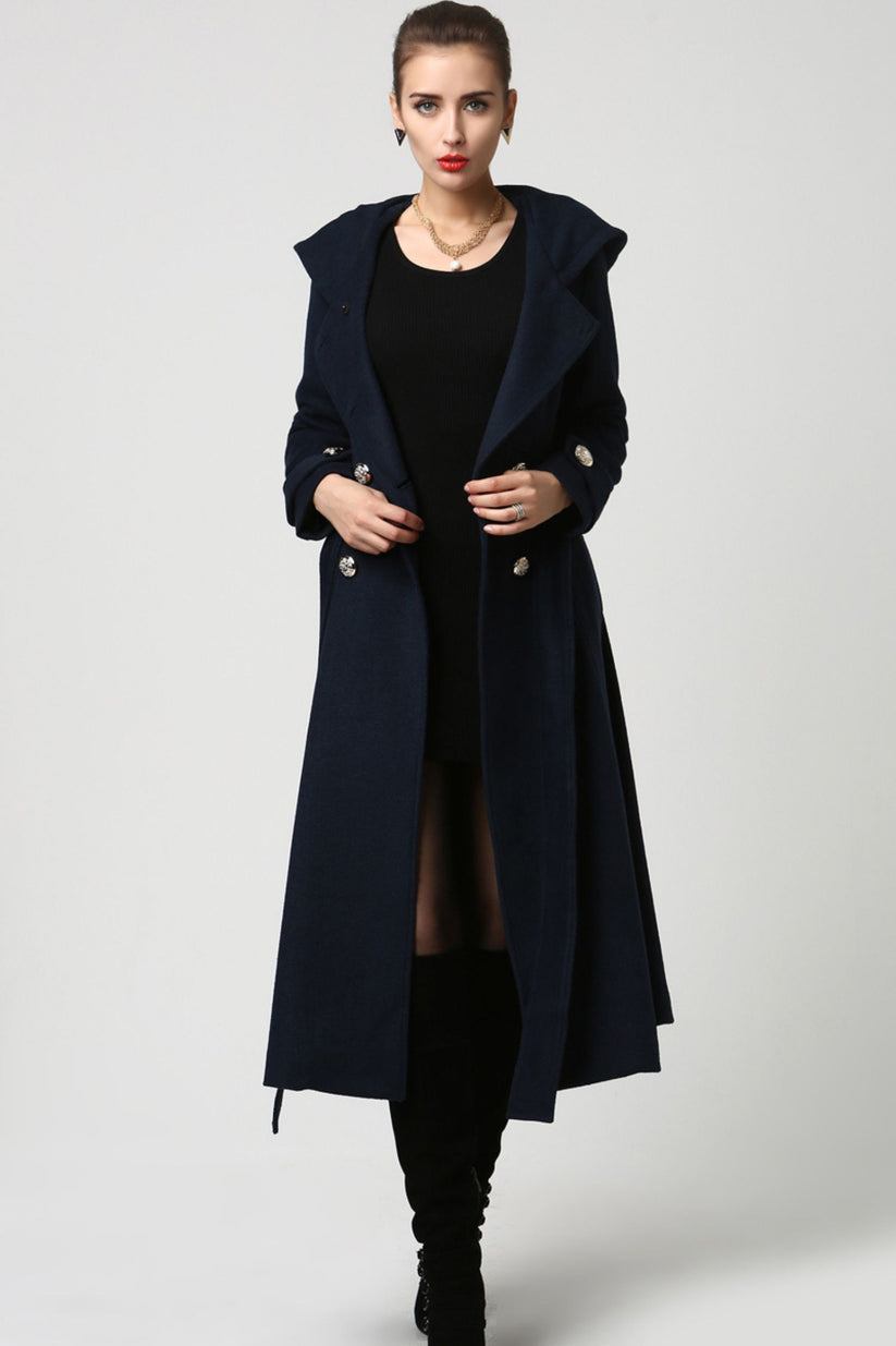 Women's military wool coat with hood in navy blue 1114# – XiaoLizi