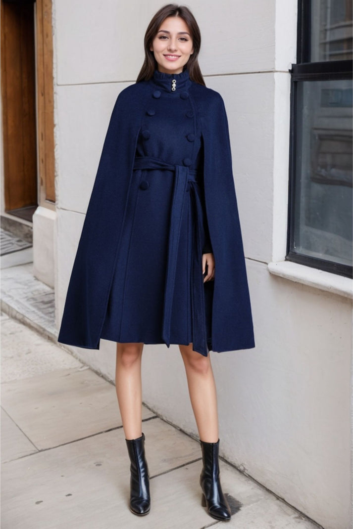 Blue Wool cape coat with stand collar 2487 – XiaoLizi