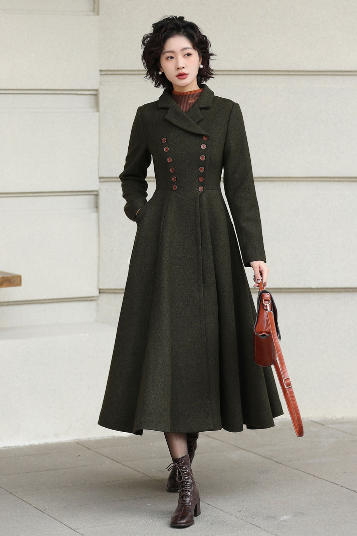 Handmade Vintage Wool Coat – Olive Green Winter Fit & Flare | Xiaolizi