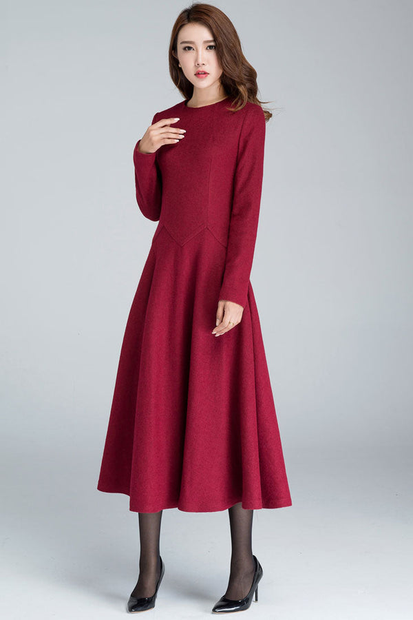 Red Midi winter Wool dress women 1618 – Xiaolizi