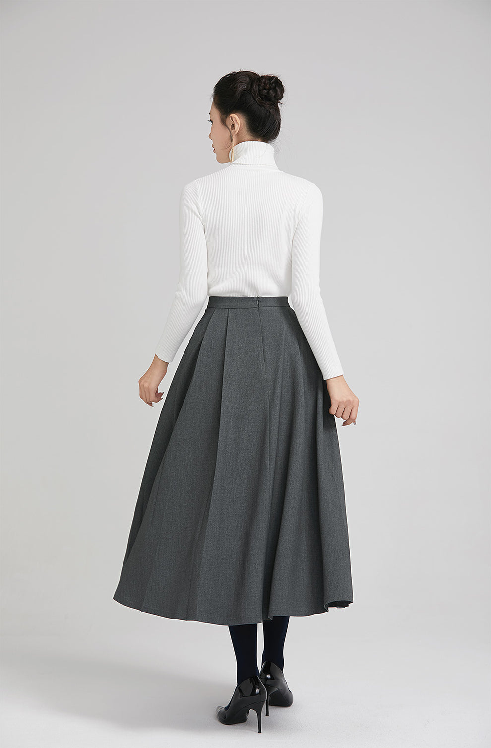 dark grey elegant wool pleated skirt with button 2246 – Xiaolizi