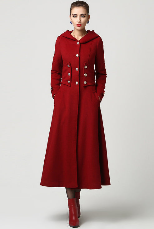 Womens Long Red Wool Coat with Hood 1107# – XiaoLizi