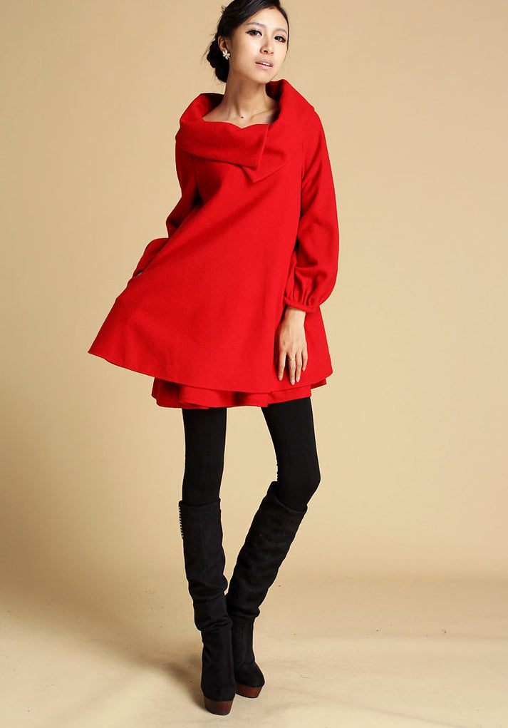 Vintage Wool Tunic Dress – Red with Oversized Collar – 0349 – Xiaolizi